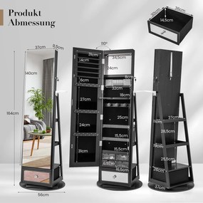 Costway 360° otočná šperkovnice se zrcadlovým uzamykatelným stojanem na šperky