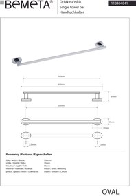 Bemeta Design OVAL: Držák ručníků, 560 mm -