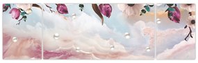 Obraz růžových květů s růžovým mramorem (170x50 cm)