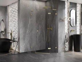 Mexen Lunar, L pravý výklopný pětiúhelníkový sprchový kout 100x100 cm, 8mm čiré sklo, zlatý matný profil, 831L-100P-100L-55-00-P