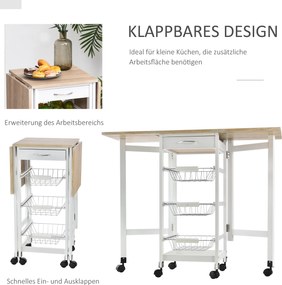HOMCOM Skládací kuchyňský vozík s 6 koly, 1 zásuvkou a 3 kovovými koši - Multifunkční servisní vozík pro úložný prostor s nosností 50 kg, 97,2x37x77,…