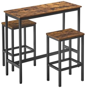 Barový stůl s barovými židlemi, ocelový rám, rustikální hnědý