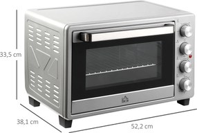 HOMCOM Mini trouba 32L, 1600W, Elektrická trouba s plechem na sběr strusky, nerez a sklo, stříbrná, 52.2x38.1x33.5cm| Aosom