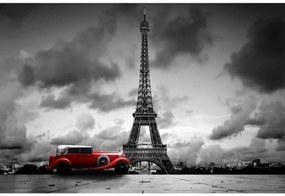 DIMEX | Samolepicí vliesová fototapeta na zeď Retro auto v Paříží MA-5-0027 | 375 x 250 cm | červená, černobílá