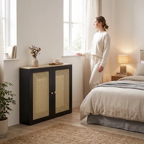 HOMCOM kryt radiátoru se 2 ratanovými dvířky, 78 × 19 × 75 cm, černý