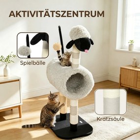 PawHut Kočičí strom v designu ovce, se škrábacím sloupkem, tunelem a hračkou, 98 cm, světle šedá