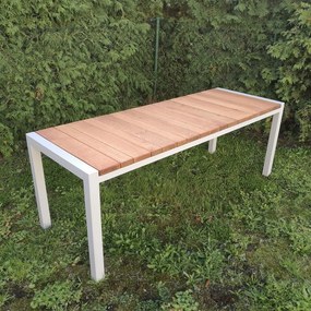 KULHÁNEK Zahradní stůl s kovovou hranou a nohami - příčná prkna Odstín nátěru: olej - modřín, Velikost desky: 300x100 cm, Odstín podnože: černá s jemnou strukturou - JS RAL 9005