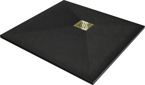 Mexen Stone+, čtvercová vanička z minerálního kompozitu 100 x 100 cm, černá, zlatá lesklá krytka, 44701010-G