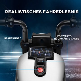 Dětská motorka HOMCOM - Elektrická motorka pro děti s 2 odnímatelnými tréninkovými koly, 3 km/h, pro děti od 1,5 do 3 let, Bílá, 76 x 42 x 57 cm
