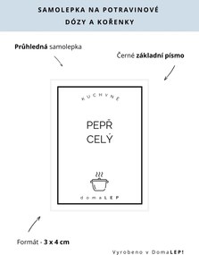 Samolepka na kořenky PEPŘ CELÝ průhledná 3 × 4 cm základní písmo
