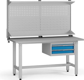 Výškově nastavitelný dílenský stůl G5 s nástavbou, 1500 x 750 x 800-1000 mm, 1x kontejner, 2 zásuvky, modrá