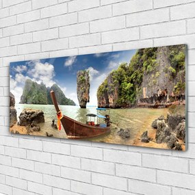akrylový obraz Loďka Kameny Krajina 125x50 cm