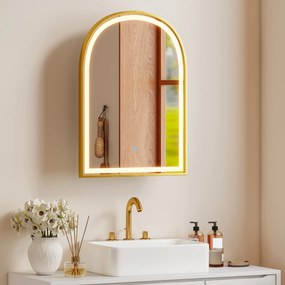 HOMCOM nástěnná koupelnová skříňka se zrcadlem a LED osvětlením, zakřivené dveře, proti zamlžení, 50x14,5x70 cm, zlatá