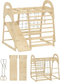 AIYAPLAY Vnitřní horolezecká konstrukce, 6v1 design, skluzavka, lezecké tyče, lezecká stěna, žebřík, lezecká síť, 3-6 let, dřevo