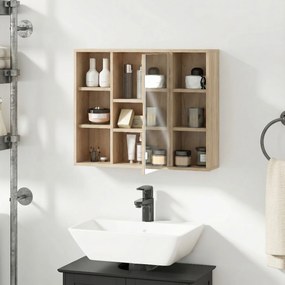 HOMCOM Závěsná zrcadlová skříňka do koupelny — 6 otevřených polic a zrcadlové dveře, přírodní dřevo, 60 × 14,5 × 49,4 cm (23,6 × 5,7 × 19,4 in)