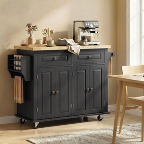 HOMCOM kuchyňský ostrov na kolečkách, kuchyňský příborník s policí na koření a boční lištou, 111 x 44,5 x 82,5 cm, černý