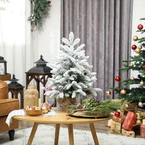 HOMCOM Mini vánoční stromek 60 cm s 35 LED světly, efekt sněhu, mini stolní stromek s šiškami, umělý vánoční stromek pro vánoční dekoraci, bílý