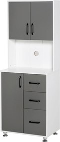 HOMCOM Kuchyňský bufet s více úložnými prostory 2 + 1 dvířka 3 zásuvky + Velký pracovní stůl Rozměry 60L x 40W x 160H cm Šedá Bílá