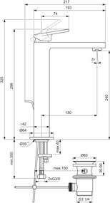 Ideal Standard Extra - Umyvadlová baterie s vysokým výtokem a s odtokovou garniturou, ušlechtilá ocel BD506GN