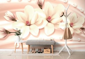Tapeta magnolie s perlami na saténovém pozadí - 150x100 cm