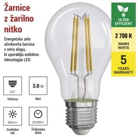 Emos lighting LED žárovka Filament A60 A CLASS / E27 / 3,8 W (60 W) / 806 lm / teplá bílá 1525283273
