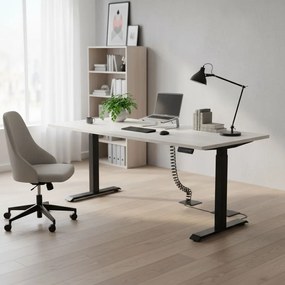 Výškově nastavitelný stůl OfficeTech C, 200 x 80 cm, černá podnož, bílý jasan