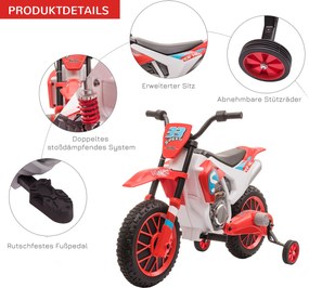 HOMCOM Dětská Elektrická Motorka 12V s 2 Odnímatelnými Stabilizátory pro Děti od 3 Let PP Kovová Červená+Bílá 106,5 x 51,5 x 68 cm