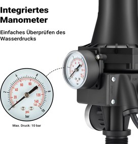 Tlakový spínač pro domácí vodárnu Wiltec SKD-3 – 230 V, 10 bar, černá (51245)