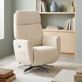 HOMCOM elektrické otočné relax křeslo s dvojitým motorem — USB-A USB-C, nastavitelná opěrka hlavy, manšestr, krémové