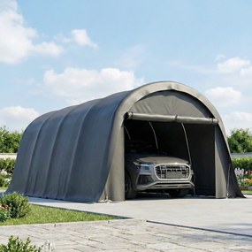 Outsunny přístřešek na auto 3 × 6 m – voděodolný úložný stan s odnímatelnými bočnicemi, velkými rolovacími dveřmi na zip, zakřivenou střechou, UPF50+…