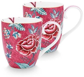 Pip Studio Flower Festival sada 2 hrnků 450ml, tmavě růžová (Kvalitní tenkostěnný porcelán v dárkovém papírovém boxu)