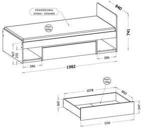 Arca w | postel jednolůžko AR9 se zásuvkou | 90x195 cm | dub wotan/bílá