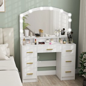 HOMCOM Toaletní stolek s 10 LED hollywoodskými žárovkami, zrcadlo, 7 zásuvek, 3 přihrádky, MDF, bílá