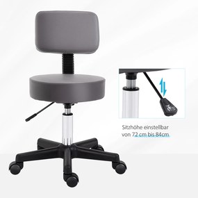 HOMCOM Rolovací stolička Výškově nastavitelná pracovní stolička s opěradlem, otočná salonní stolička z imitace kůže Šedá Ø35 x 72-84 cm pro masáže a …