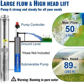 ponorné čerpadlo do hlubokých studní, 550 W 230 V/50 Hz, 50 l/min. 89 m hlava, 20 m