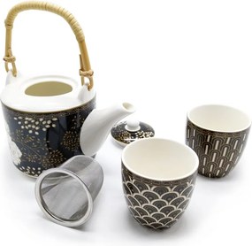 Porcelánová čajová souprava Art Deco, konvice 0,6 l – s bambusovým držadlem, se 2 šálky, art deco design, s nerezovým sítkem