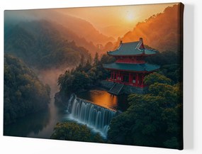 Obraz na plátně - Japonský chrám s vodopády a západem slunce FeelHappy.cz Velikost obrazu: 40 x 30 cm