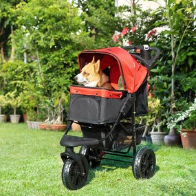 Skládací kočárek pro psy PawHut s 3 koly, síťovanými okny, košíkem a bezpečnostními popruhy, nosnost 25 kg, rozměry 109,5x57,5x106,5 cm, červený