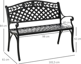 Outsunny 2-místná hliníková zahradní lavice s opěrkami Country Styl Černá 102,5 x 61 x 84 cm