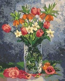 zuty zuty - malování podle čísel - tulipány a další jarní květiny ve váze, 80x100 cm, plátno