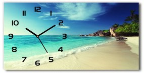 Wallmuralia Skleněné hodiny na stěnu tiché Seychely pláž 60x30 cm