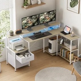 HOMCOM Rohový psací stůl se zásuvkami a RGB LED světlem, počítačový stůl, 172 x 100 cm, držák na monitor, 2 zásuvky, bílý