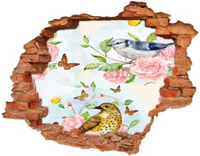 Wallmuralia Díra 3D fototapeta nálepka Ptáci a růže 90x70 cm