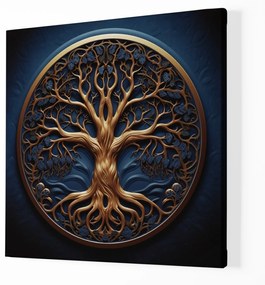 Obraz na plátně - Zlato-modrý strom života v kruhu FeelHappy.cz Velikost obrazu: 140 x 140 cm