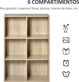 HOMCOM Knihařský regál se 3 policemi a 6 úložnými boxy do obývacího pokoje, ložnice, kanceláře 65,5x30x97,5 cm Dub