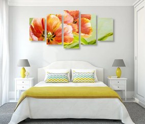 5-dílný obraz červené tulipány ve vintage provedení - 100x50 cm