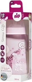 NIP Straw cup láhev s brčkem PP 330ml růžová / od 12 měsíců