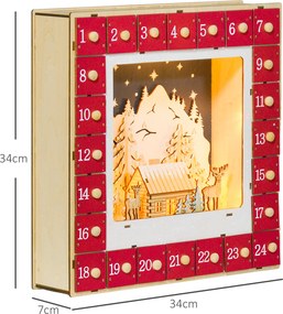 HOMCOM LED adventní kalendář s vesnickou scénou, 24 velkých zásuvek, MDF, 34 x 7 x 34 cm, červená