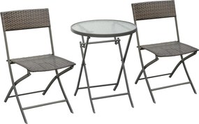 Zahradní nábytek Outsunny - Stůl a 2 ratanové židle se skládacími sedáky a skleněným stolem pro terasu či patio, Hnědá | Aosom