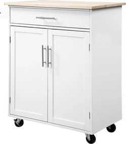 HOMCOM Kuchyňský vozík na kolečkách, servírovací vozík, kuchyňský ostrov s zásuvkou, skříňkou a držákem na utěrky - 83D x 45Š x 91,5V cm Bílý